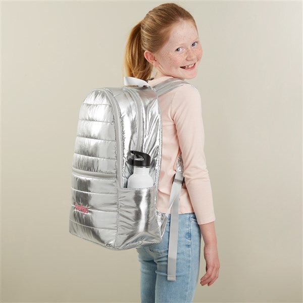 Metallic Silver Embroidered Puffer Backpack