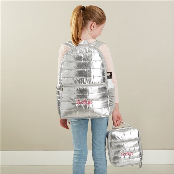 Metallic Silver Embroidered Puffer Backpack
