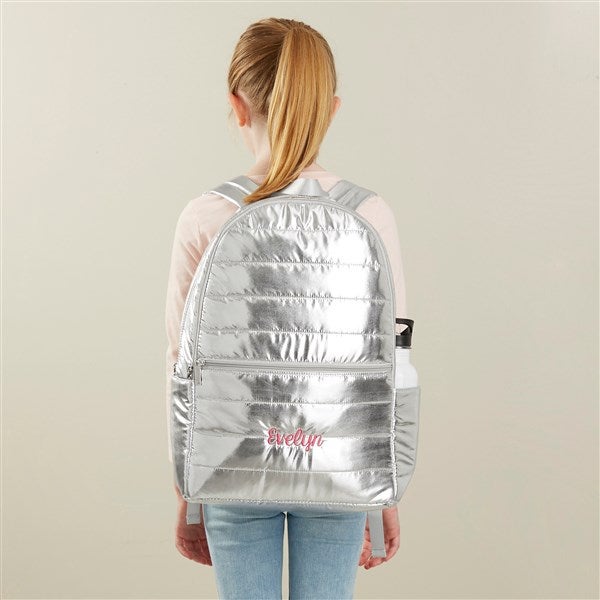 Metallic Silver Embroidered Puffer Backpack
