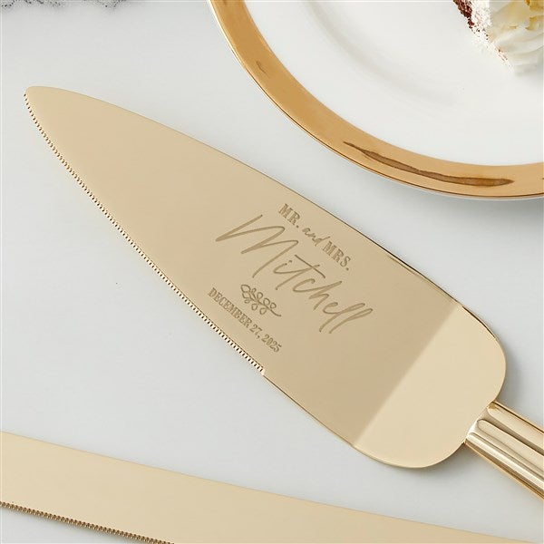 Botanical Wedding Engraved Gold Cake Knife & Server Set