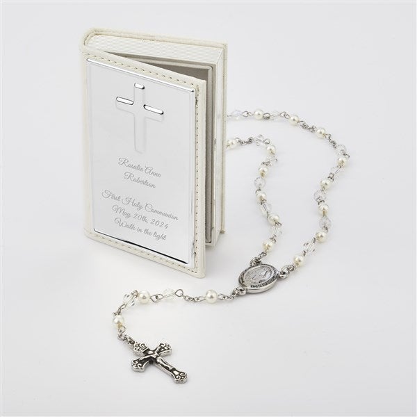 Engraved Pearlescent White Rosary and Keepsake Box