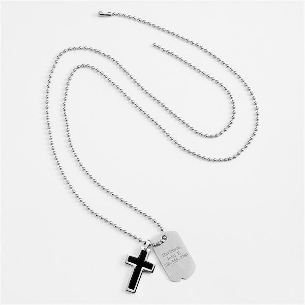 Engraved Black Cross Dog Tag for Him- Vertical Text