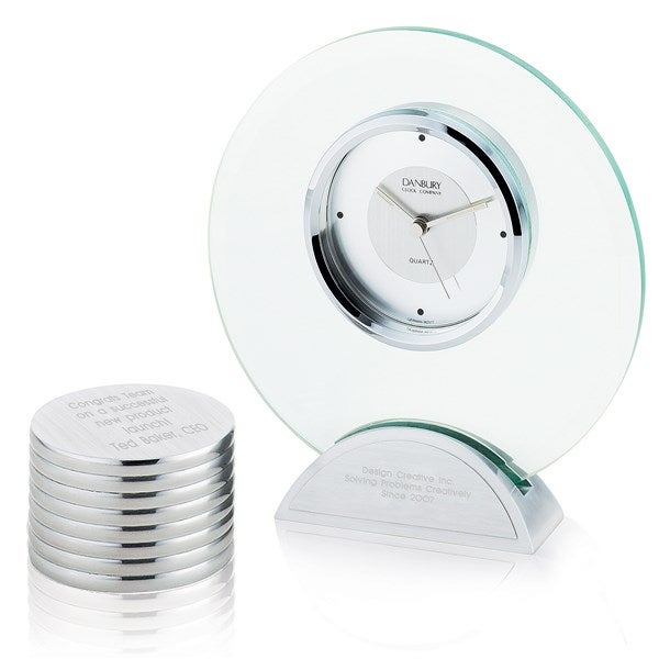 Engraved Round Office Clock and Paperweight Set