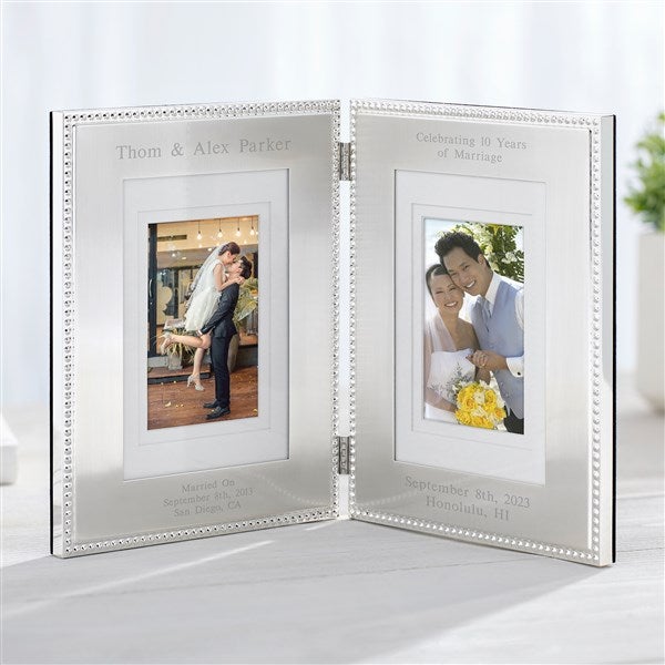 Engraved Beaded Anniversary Double Photo Picture Frame