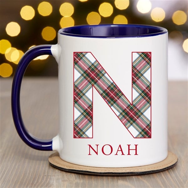 Classic Holiday Plaid Personalized Christmas Coffee Mug Blue