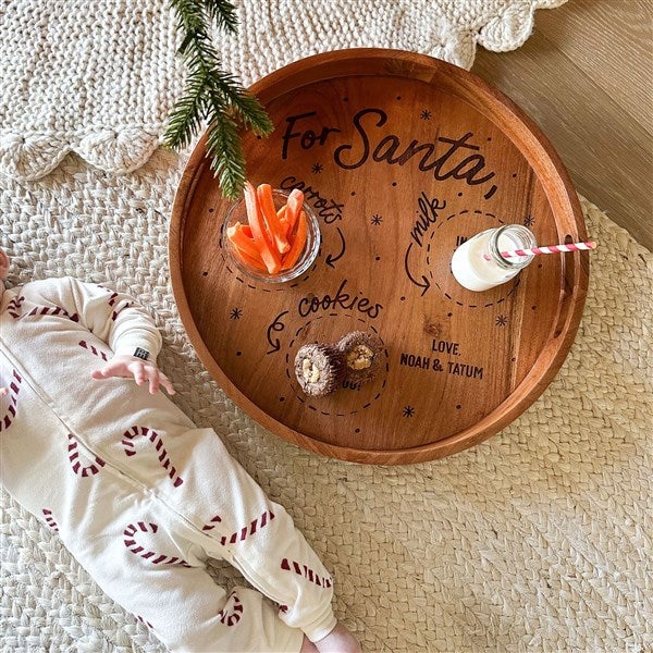 Cookies For Jolly Santa Engraved Acacia Wood Serving Tray - Round