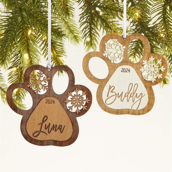 Snowflake Pet Paw Personalized Wood Ornament - Red