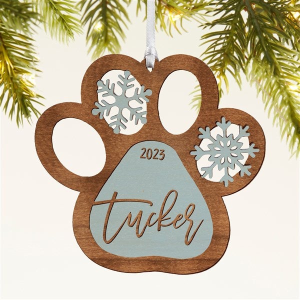 Snowflake Pet Paw Personalized Wood Ornament - Blue