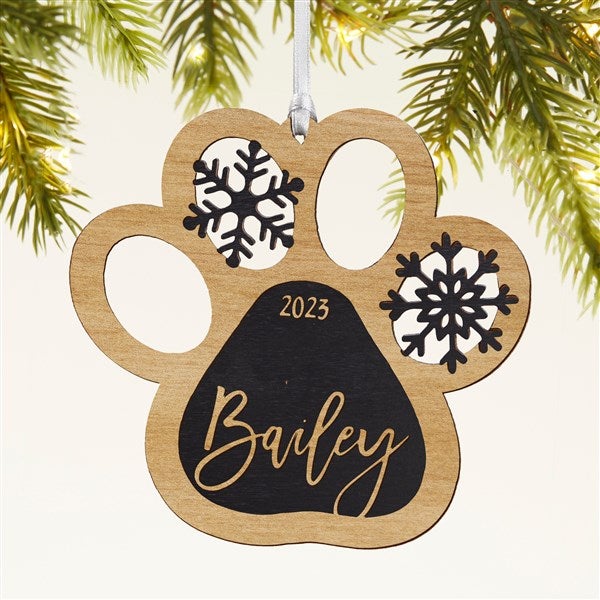 Snowflake Pet Paw Personalized Wood Ornament - Black