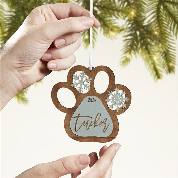 Snowflake Pet Paw Personalized Wood Ornament - Blue