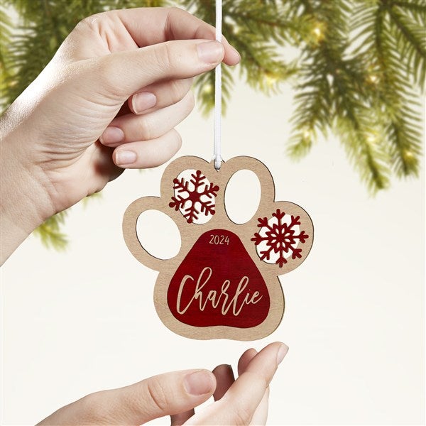 Snowflake Pet Paw Personalized Wood Ornament - Red