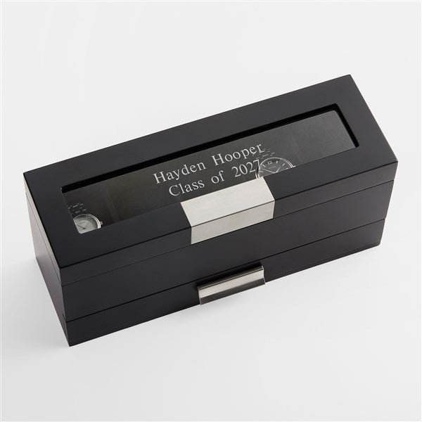 Engraved Graduation Black Wooden Watch Box with Drawer