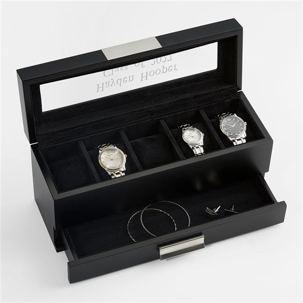Engraved Wedding Black Wooden Watch Box with Drawer