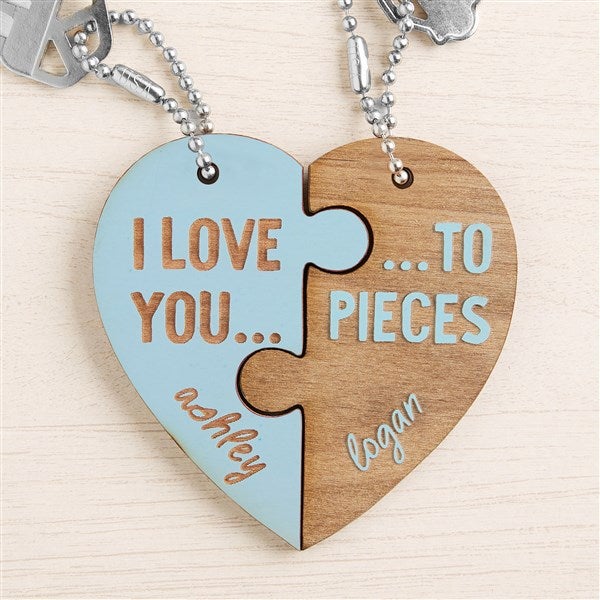 Love You to Pieces Personalized Wood Heart Keychain Set - Blue