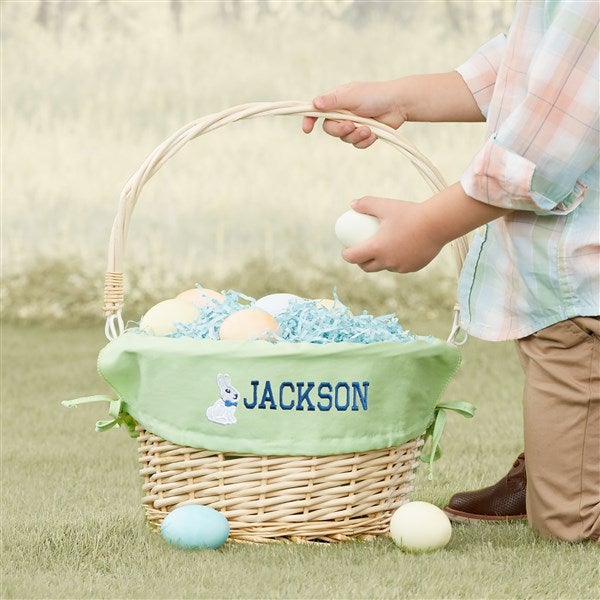 Bunny Name Embroidered Willow Easter Basket - Green