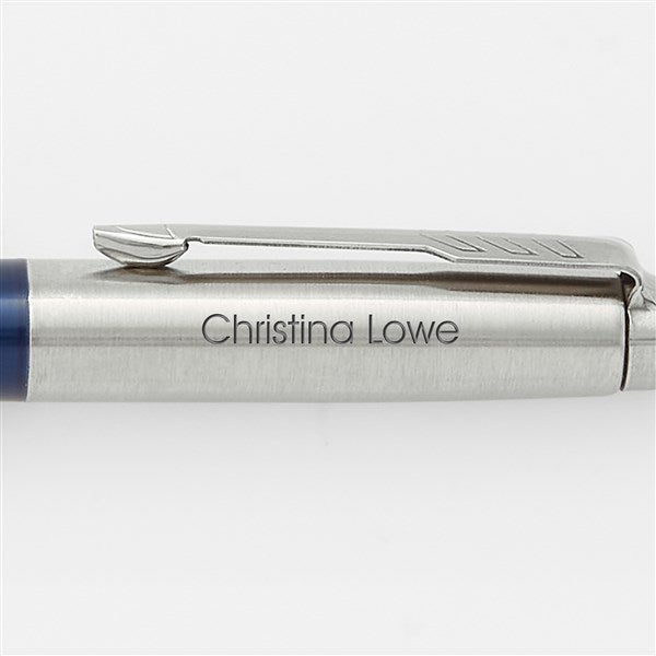 Engraved Parker Silver and Royal Blue Jotter Pen