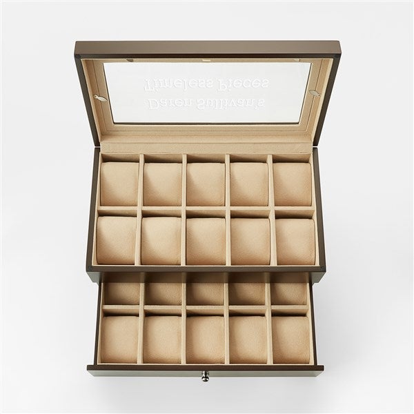 Engraved Espresso Wooden 20 Slot Watch Box with Drawer