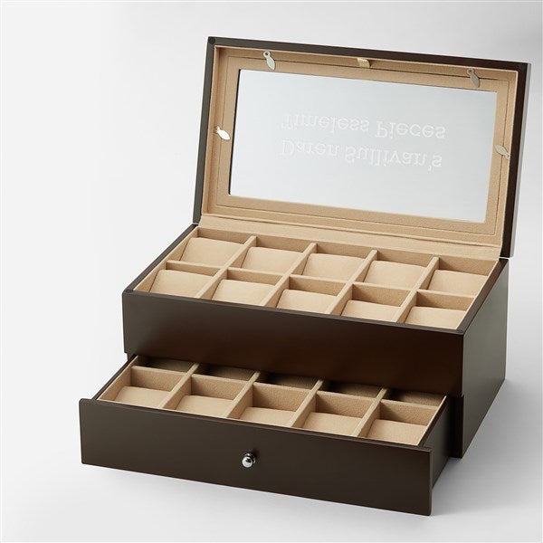 Engraved Espresso Wooden 20 Slot Watch Box with Drawer