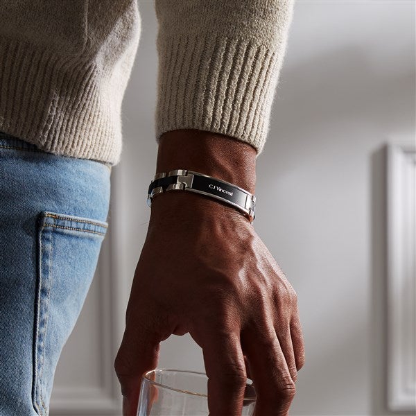 Engraved Matte Black & Silver ID Bracelet for Him