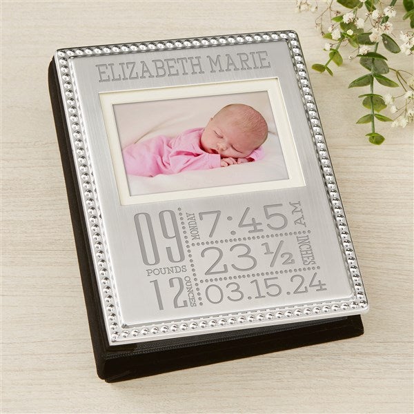 Baby Love Birth Information Engraved Silver Beaded Mini Photo Album