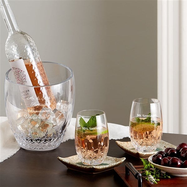 Engraved Waterford Lismore Essence Stemless White Wine Glass Pair