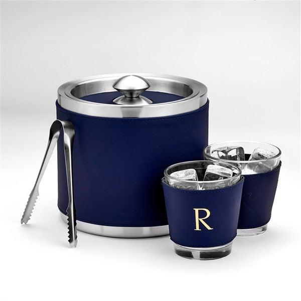Personalized Leather Wrapped Rocks Glass Set - Navy