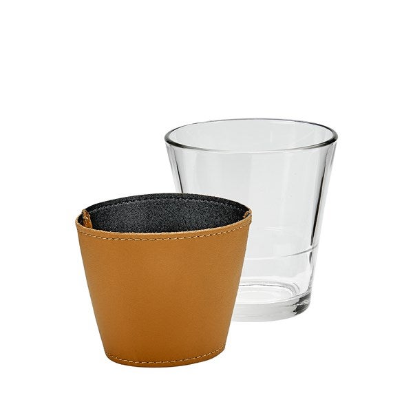 Personalized Leather Wrapped Rocks Glass Set - Tan