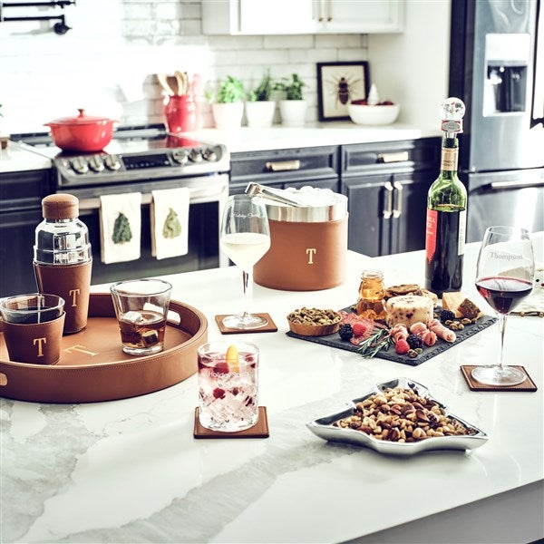 Personalized Round Leather Tray-Tan