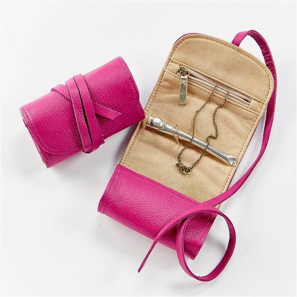 Personalized Small Leather Jewelry Roll - Azalea