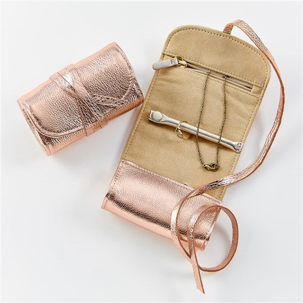 Personalized Small Leather Jewelry Roll - Rose Gold