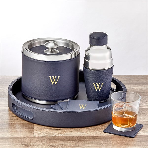 Personalized Leather Wrapped Ice Bucket - Navy