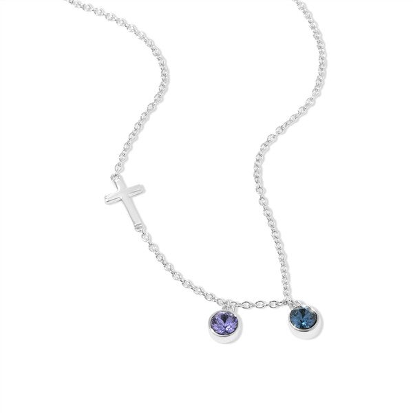 Custom Bezel Set Birthstone Cross Necklace- 2 Stones