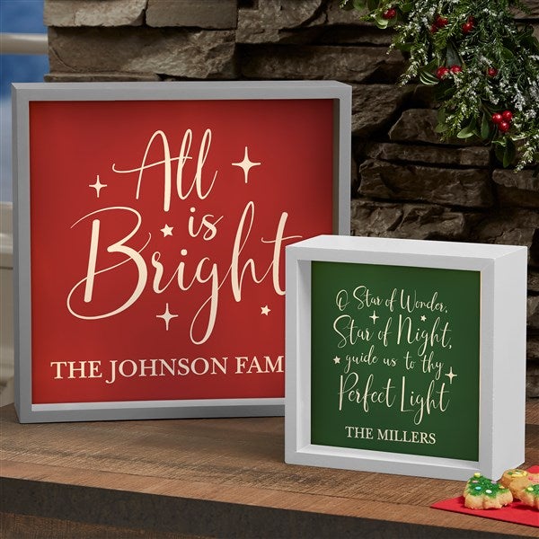 All Is Bright Personalized Holiday LED Light Shadow Box - Grey - Large
