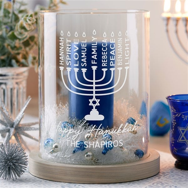 Hanukkah Menorah Personalized Hurricane with Whitewashed Wood Base