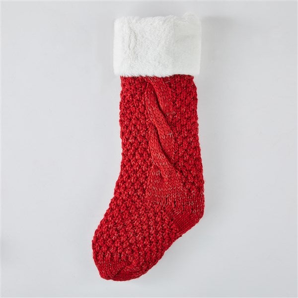 Embroidered Red Sparkle Cable Stocking with Fur Cuff