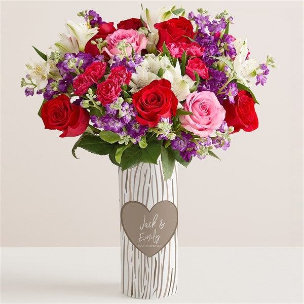 Romantic Tree Trunk Personalized Vase with Live Flower Bouquet