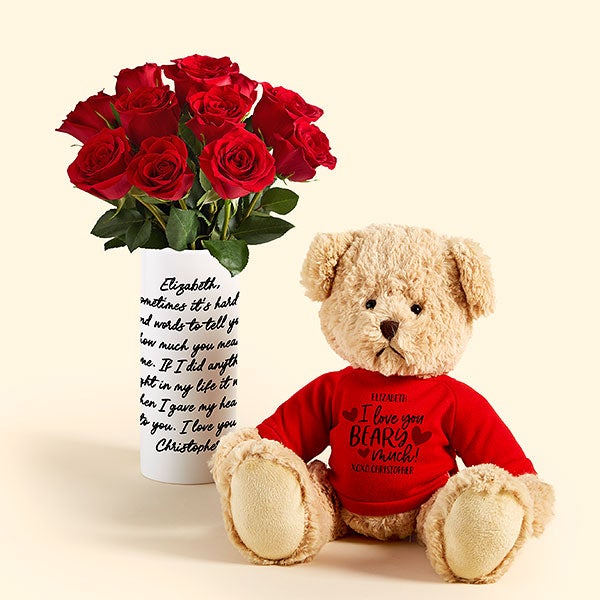 Handwritten Love Letter Personalized Vase with Red Roses & Teddy Bear