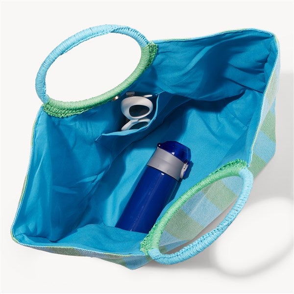 Tropical Tides Embroidered Paper Straw Striped Bag - Aqua