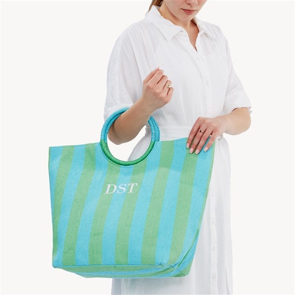 Tropical Tides Embroidered Paper Straw Striped Bag - Aqua