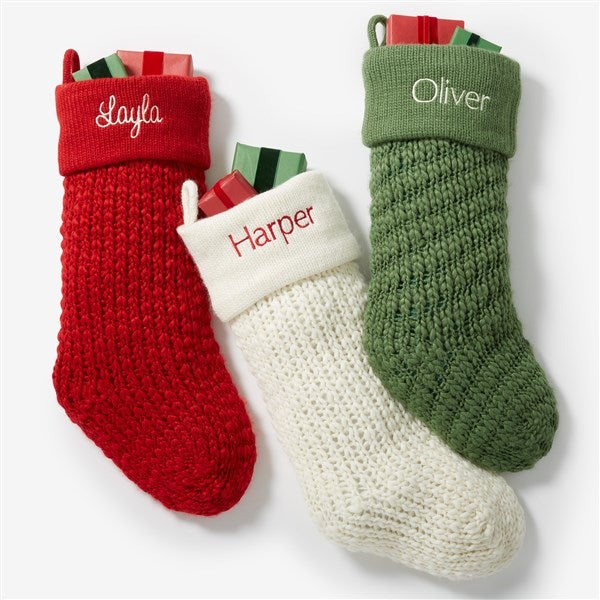 Knit Noel Embroidered Christmas Stocking - Green