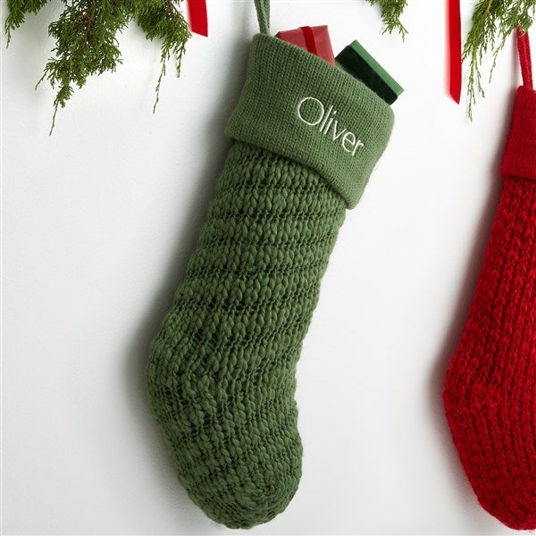 Knit Noel Embroidered Christmas Stocking - Green