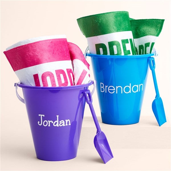 Personalized Blue Sand Pail & Beach Towel Gift Bundle
