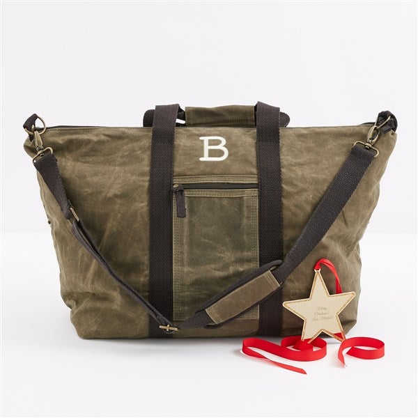 Initial Embroidered Olive Waxed Canvas Weekender Bag