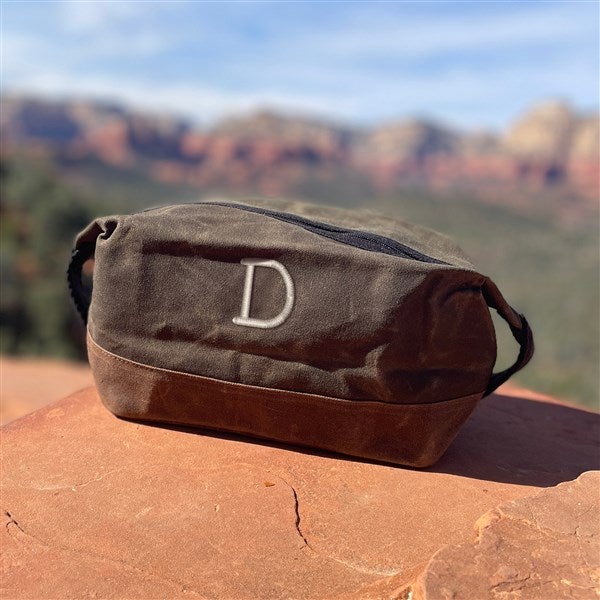 Initial Embroidered Olive Waxed Canvas Travel Toiletry Bag