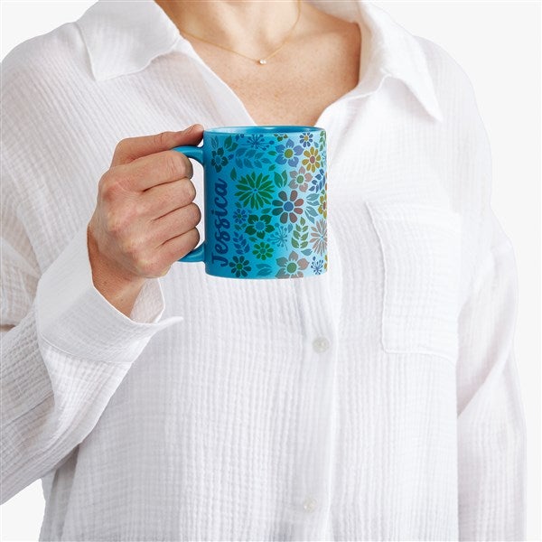 Retro Floral Personalized Coffee Mug - Blue
