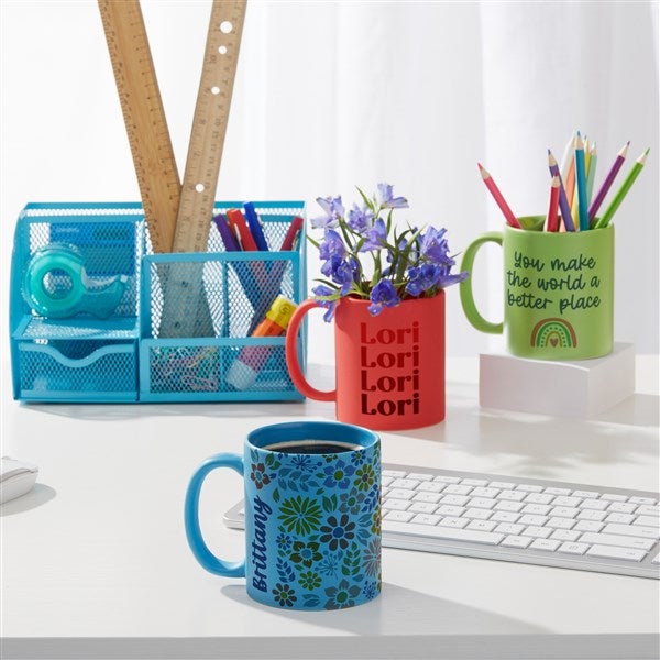 Retro Floral Personalized Coffee Mug - Blue