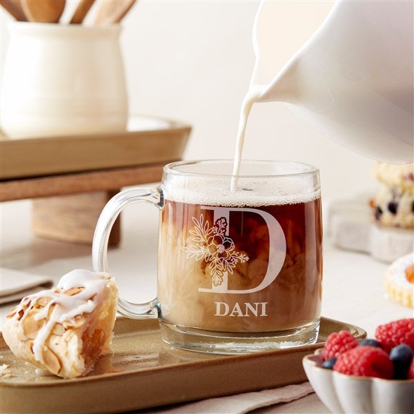Floral Initial & Name Engraved 12.5oz Glass Wide Mug