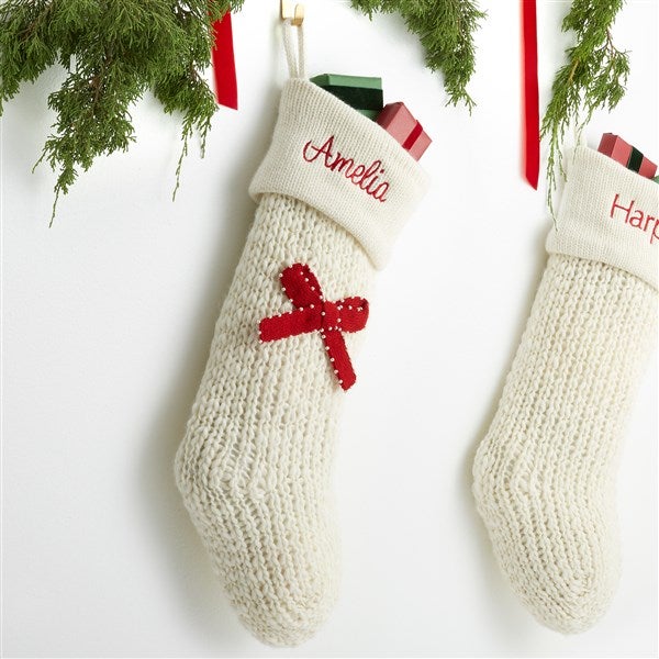 Knit Noel Bow Embroidered Christmas Stocking