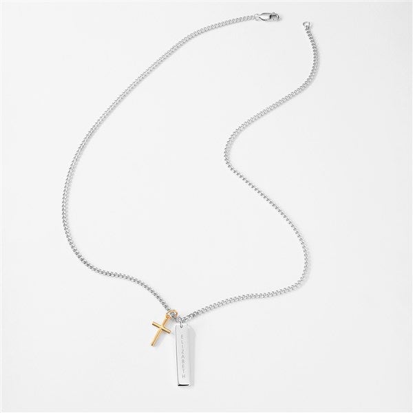 Engraved Gold & Sterling Silver Cross and Bar Necklace