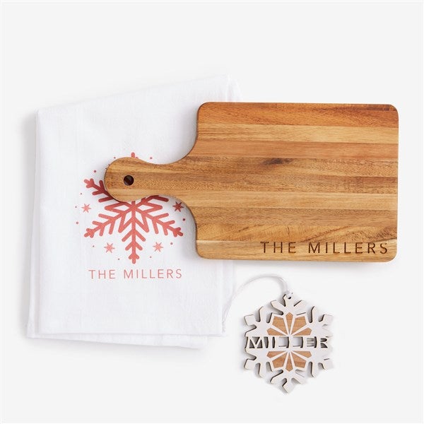 Snowflake Family Personalized Tea Towel, Paddle Board and Ornament Gift Set